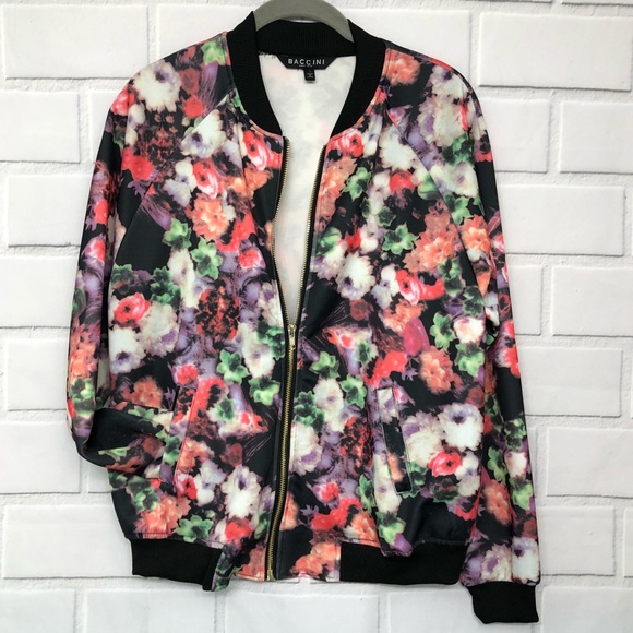 Baccini | Jackets & Coats | Baccini Black Red White Floral Print Bomber ...